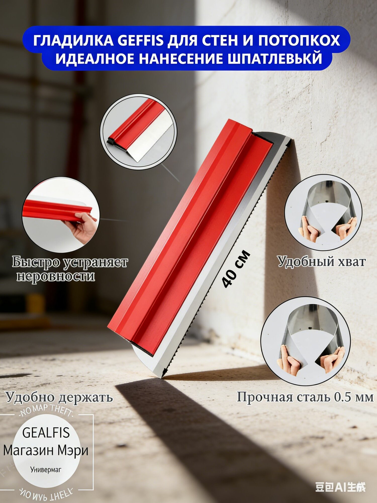 GEALFIS шпатель строительный 400 мм нержавеющая сталь 0.5 мм H-образный для выравнивания стен и потолков