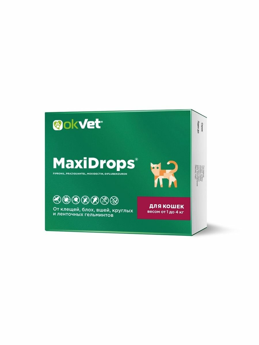 OkVet MaxiDrops капли на холку от паразитов для кошек весом от 1 до 4 кг, 1 пипетка /0,5 мл (от клещей, блох, вшей, круглых и ленточных гельминтов)
