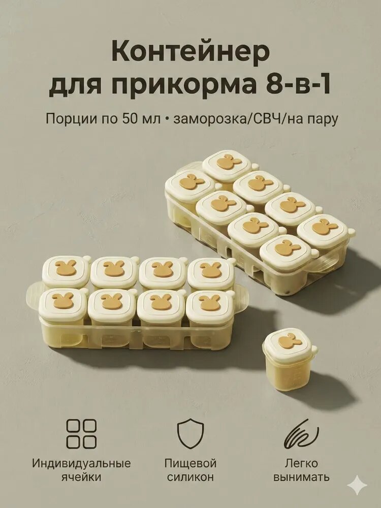 -Контейнер для прикорма 8 в 1 с крышками, силиконовая форма для заморозки, порции 50 мл, можно в СВЧ и на пару, с поддоном