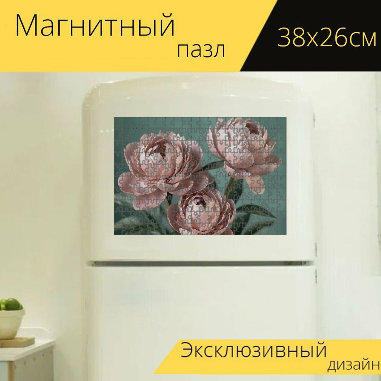 Магнитный пазл "Нежно-розовые пионы на бирюзовом фоне. Изящная цветочная композиция с крупными пудровыми бутонами, темно-зеленой листвой и мягким размытым." для интерьера, 38х26 см.
