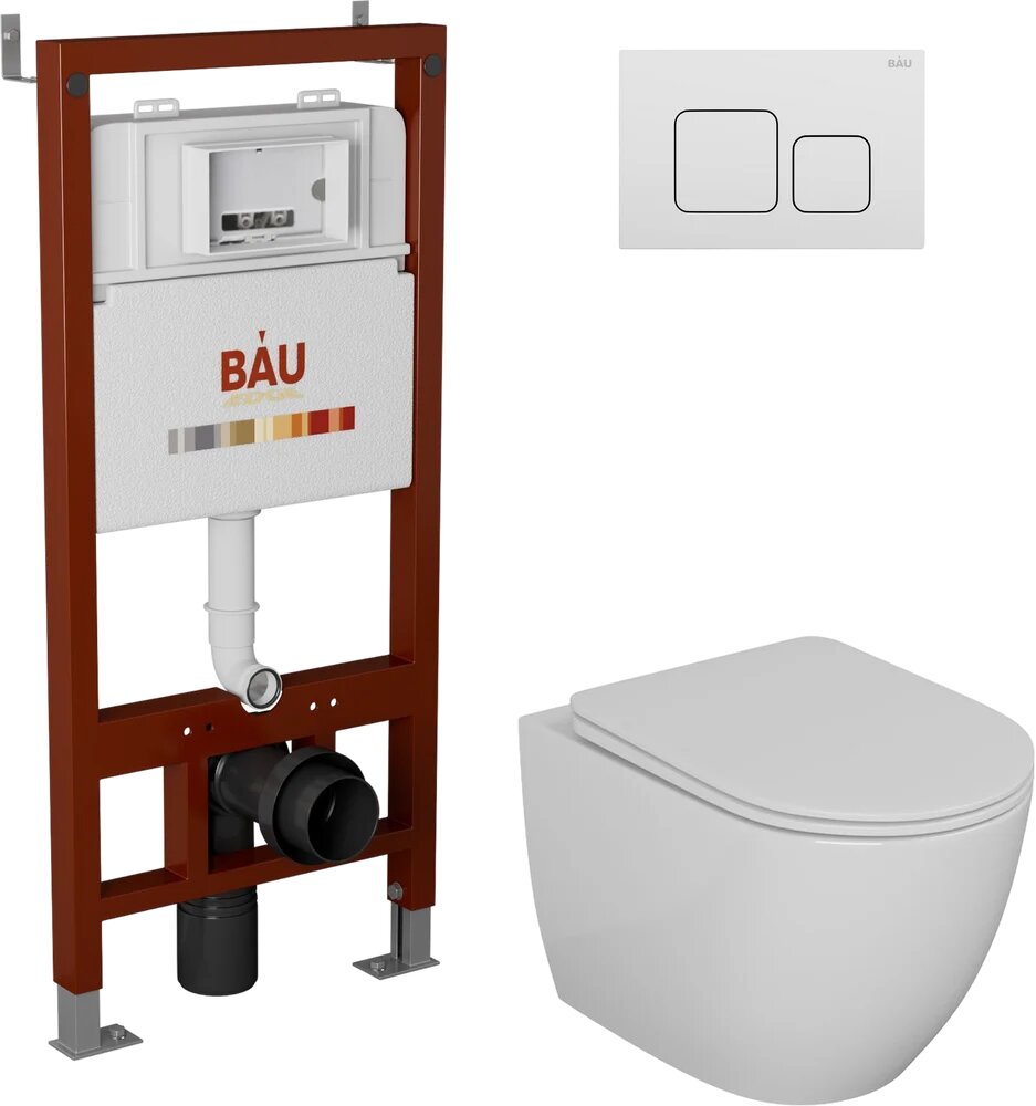 Комплект Унитаз подвесной Bauedge Bau Dream безободковый, с микролифтом / Инсталляция Bau Pro / Кнопка Soul, белая