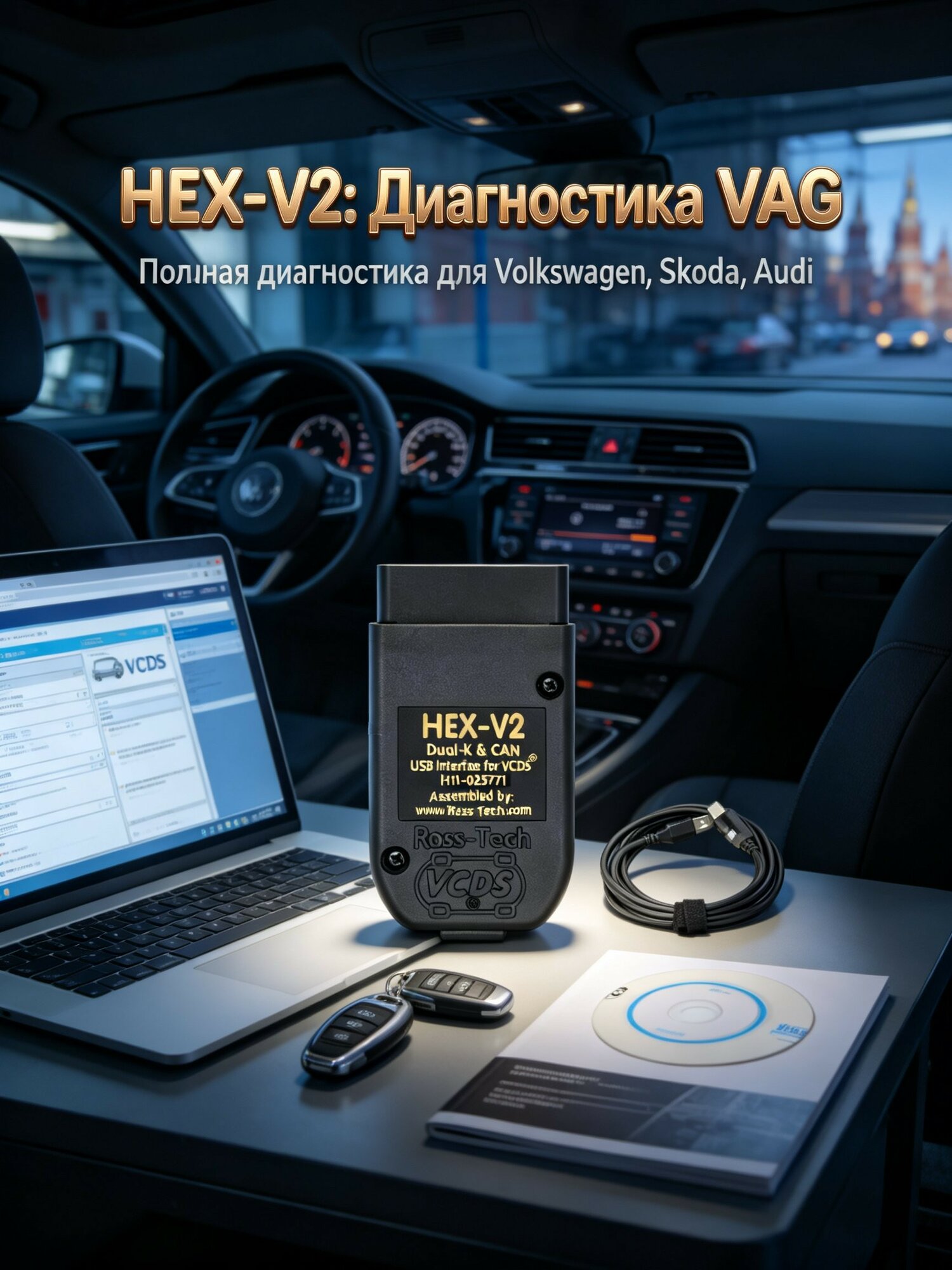 Диагностический адаптер VAG-COM HEX V2, VCDS 21.3 русская версия для Volkswagen Skoda Audi Seat 1988–2019 и EOBD с 1996 г. в, чтение и стирание кодов