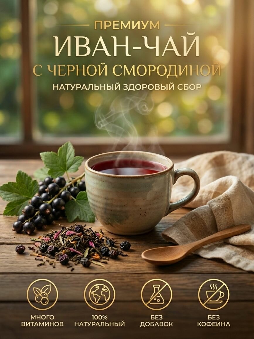 Чай Иван-чай ферментированный со смородиной, листовой натуральный травяной, с ягодами, в подарок, 100 г