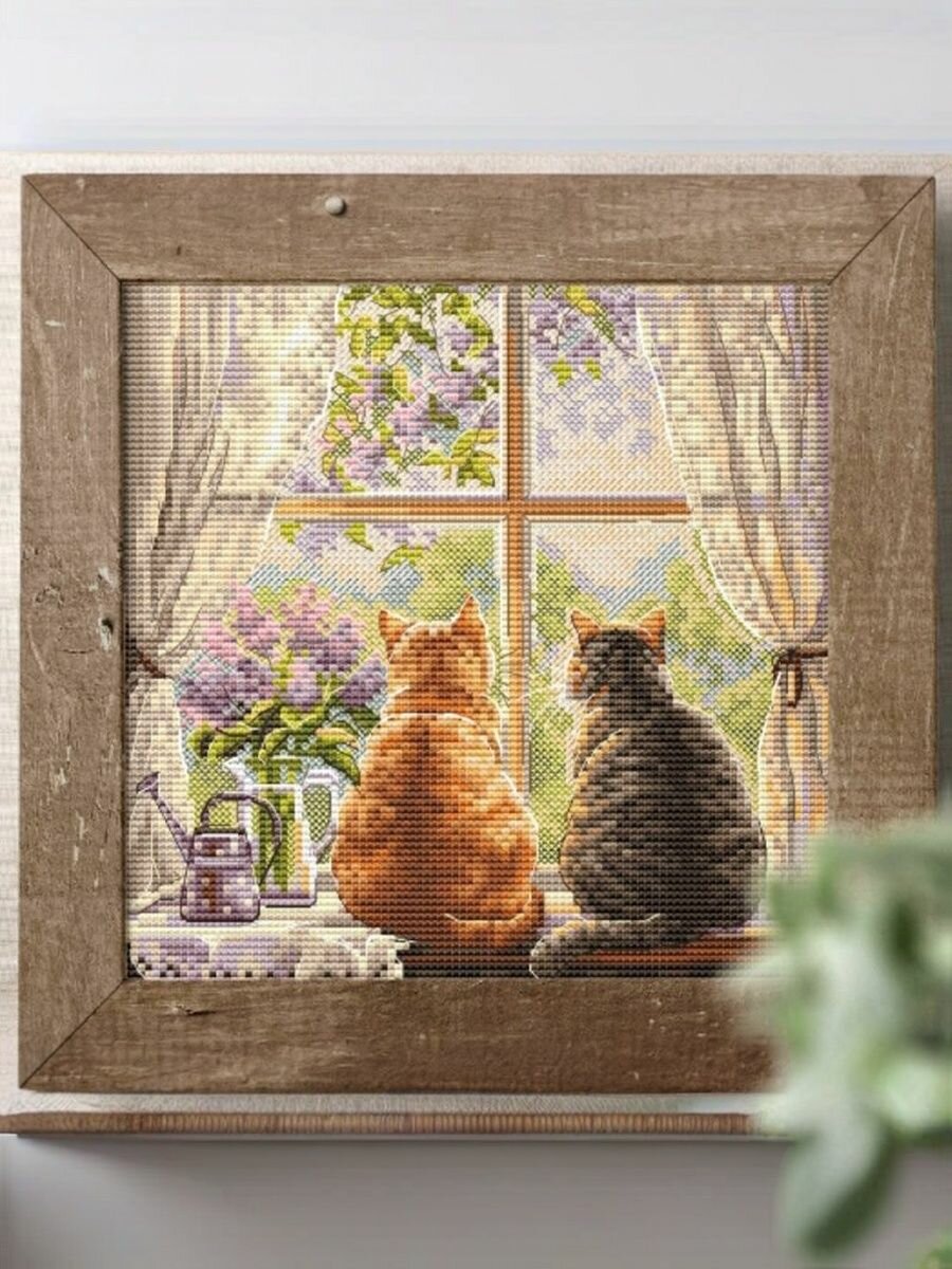 Набор для вышивки Amishop "Кошка на подоконнике", счетный крест, 14 х 14 см, белая, 18CT, 99 x 99 ст.