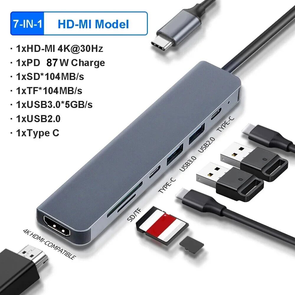 USB-хаб 7-в-1 HDMI 4K@30Hz, 87W