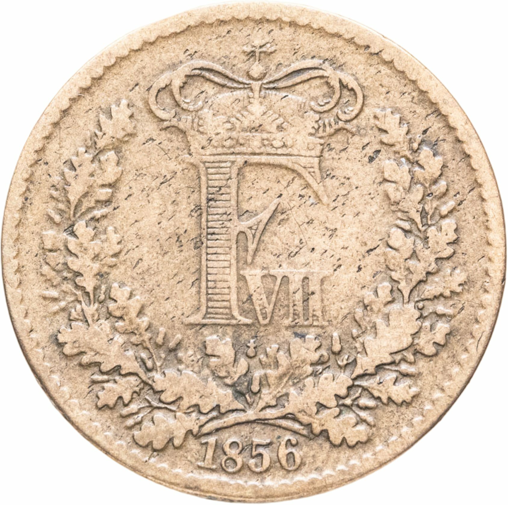 Дания 1 скиллинг ригсмонт скиллинг-ригсмёнт, skilling rigsmont 1856, Бронза, в сохранности VF