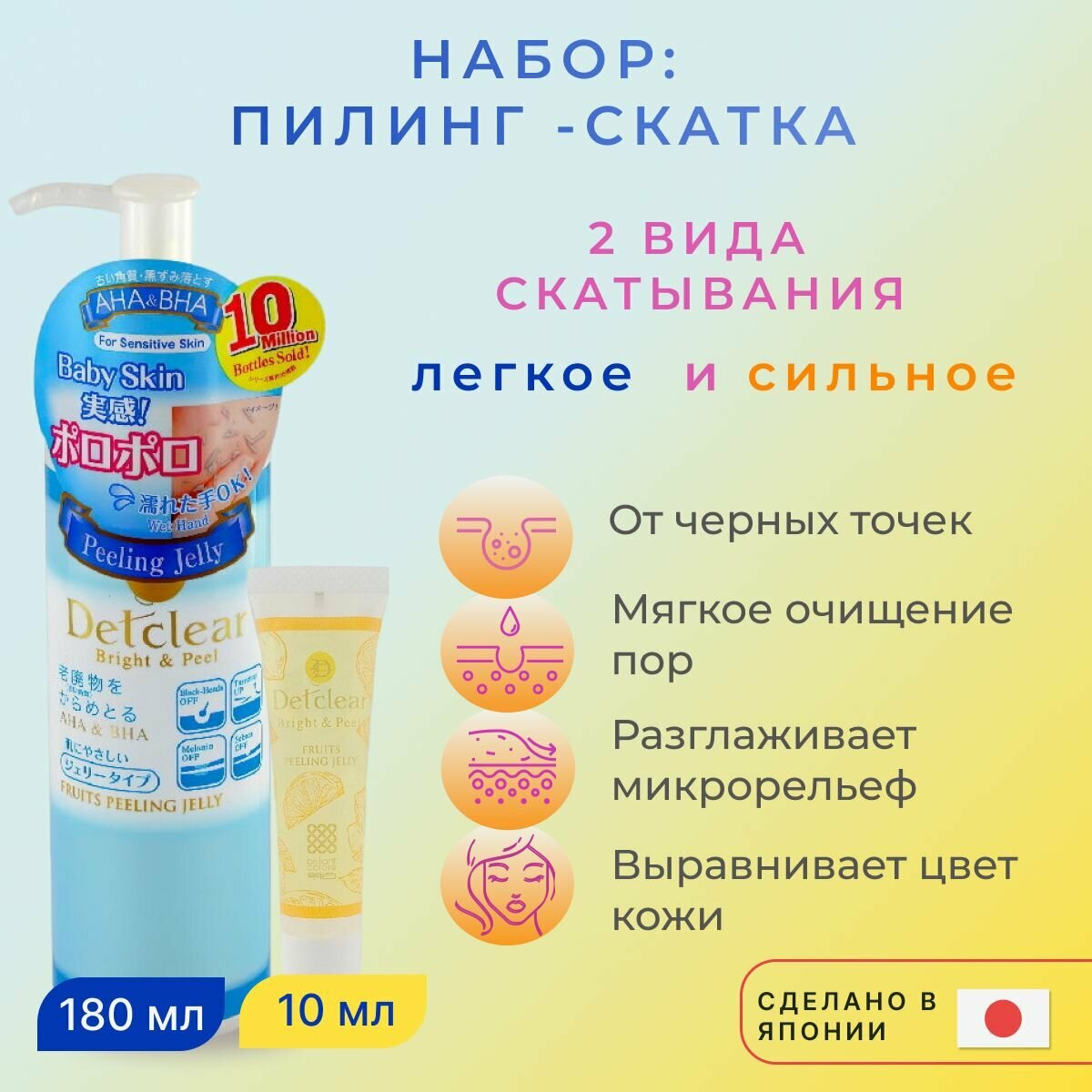 MEISHOKU Очищающий пилинг - гель / скатка с AHA и BHA для лица и тела, без аромата, 180 мл и с ароматом фруктов, 10 мл, арт. 226106_226045
