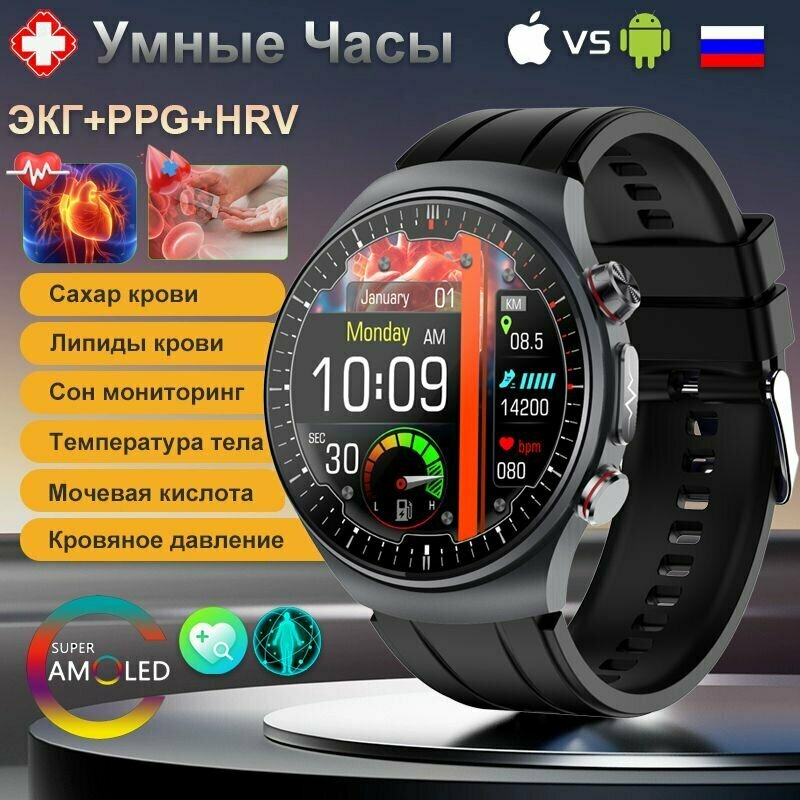 Умные часы 2025 с AMOLED-экраном и топовым чипом TI: Неинвазивный замер глюкозы, круглосуточный мониторинг сердца, Bluetooth-звонки.