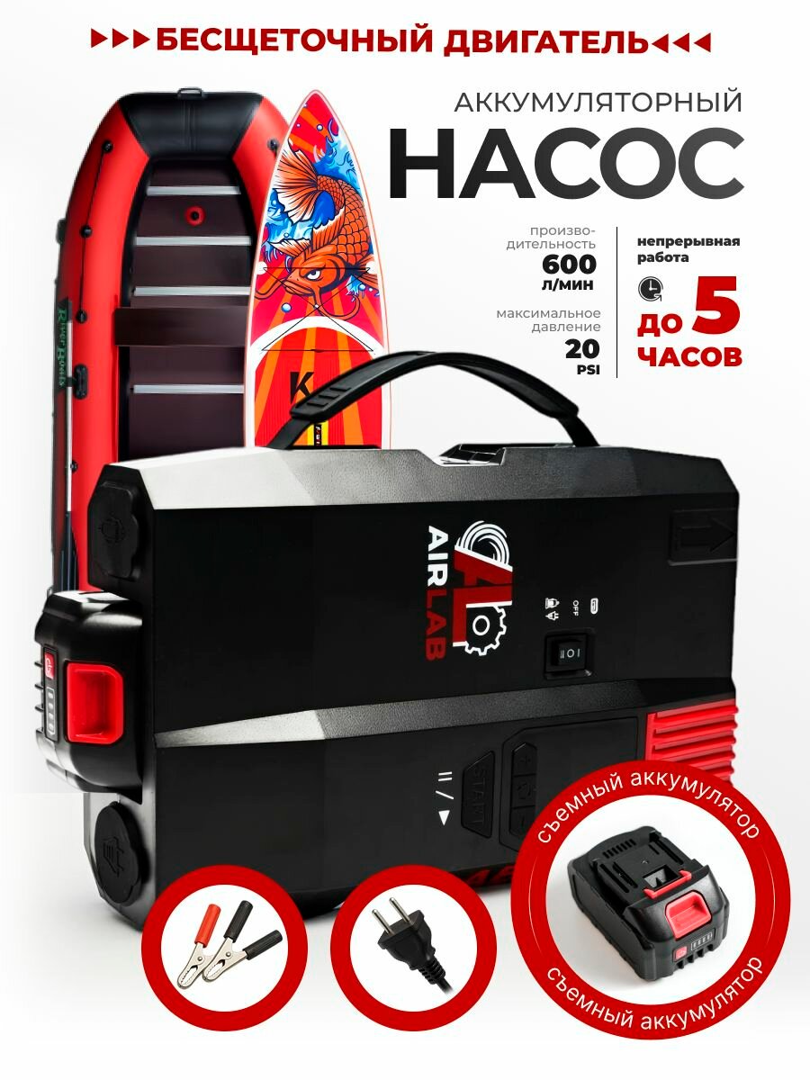 /AIRLAB/ Насос аккумуляторный 600 л/м, для лодки ПВХ, сапборда, 20 PSI, электрический, 12В, 220В