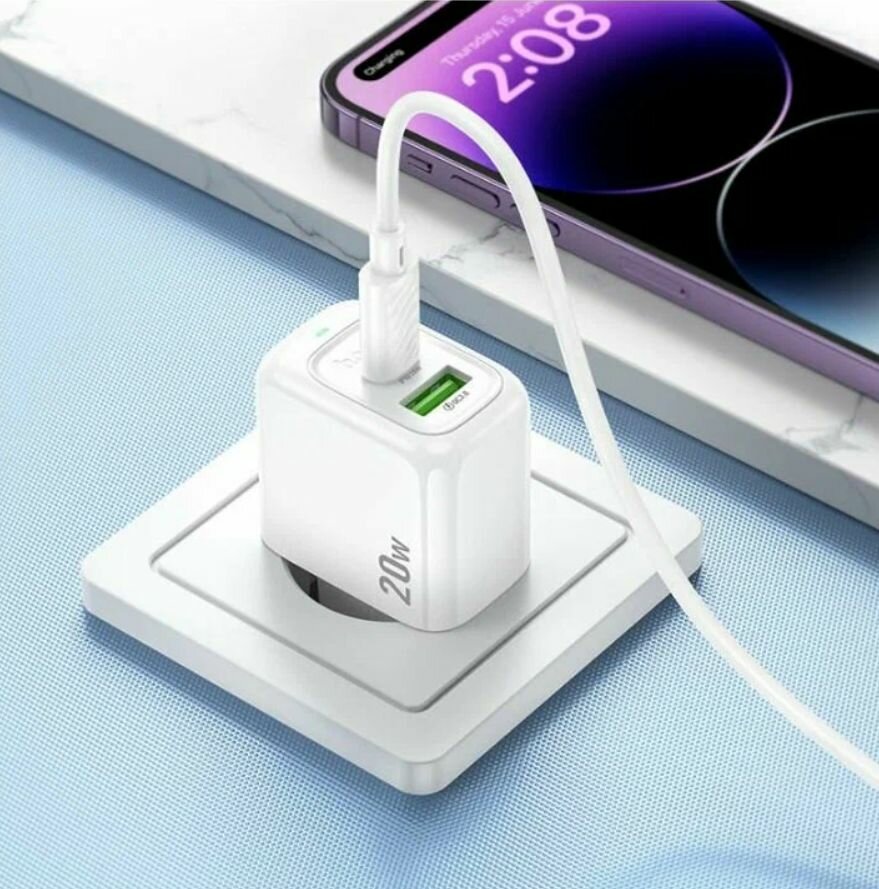 Блок питания сетевой USB, Type-C HOCO CS54A Surplus, 3.0A, PD20Вт, кабель IOS to Type-C, белый