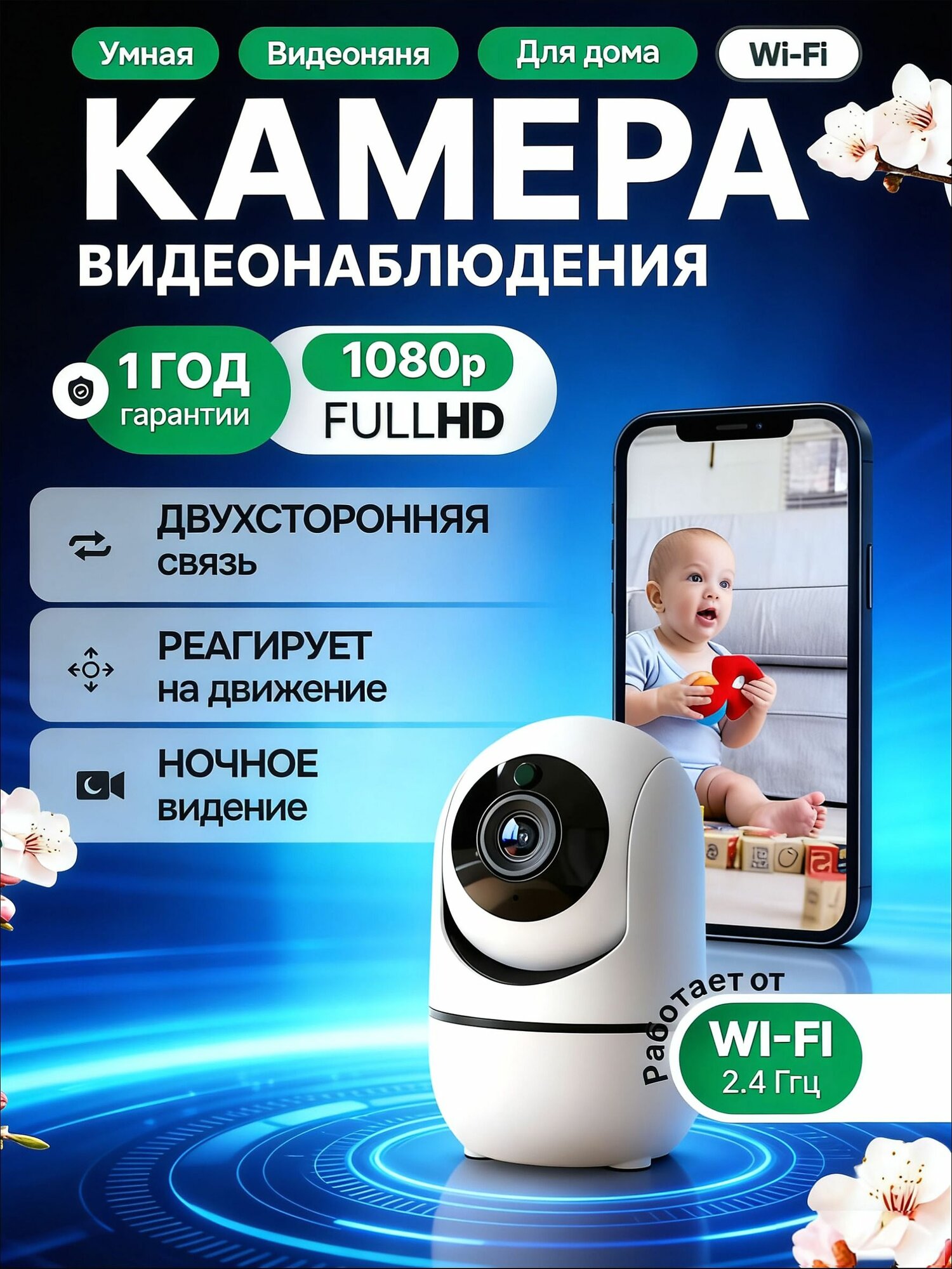 Видеоняня беспроводная, камера видеонаблюдения WiFi для дома и квартиры 1920х1080. IP камера 360 беспроводная.