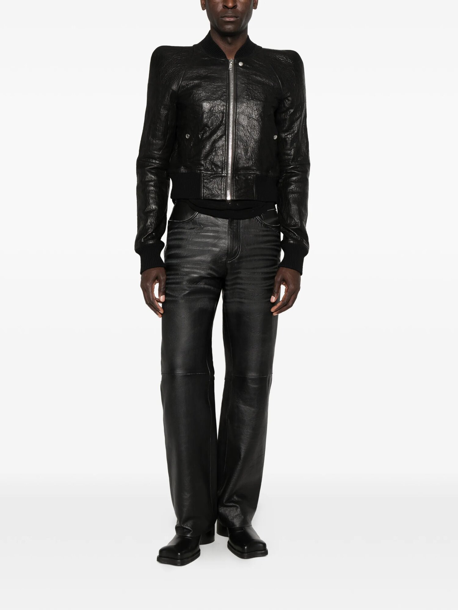 Куртка Rick Owens Structured-shoulder leather jacket, размер 48, black/black — фото 1