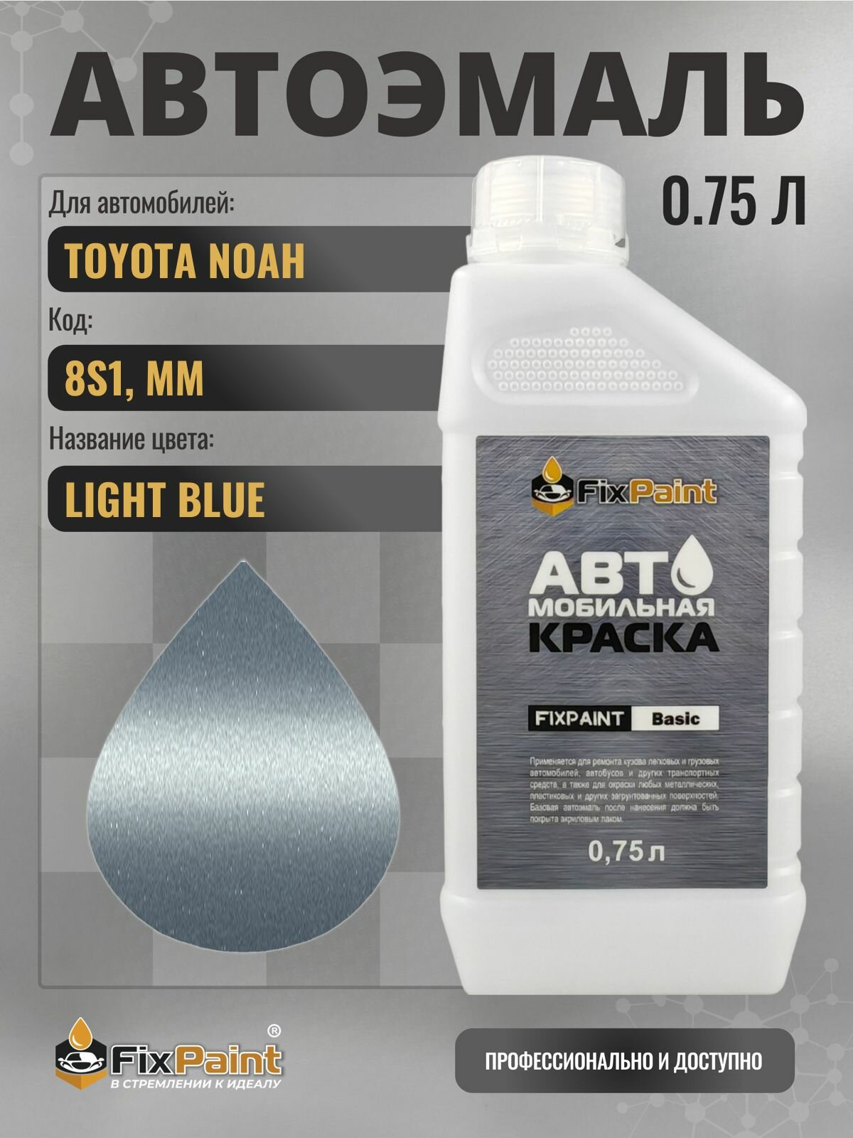 Краска для TOYOTA NOAH, код 8S1, MM, LIGHT BLUE, автомобильная эмаль базовая под лак FixPaint Basic в канистре, 0,75 л