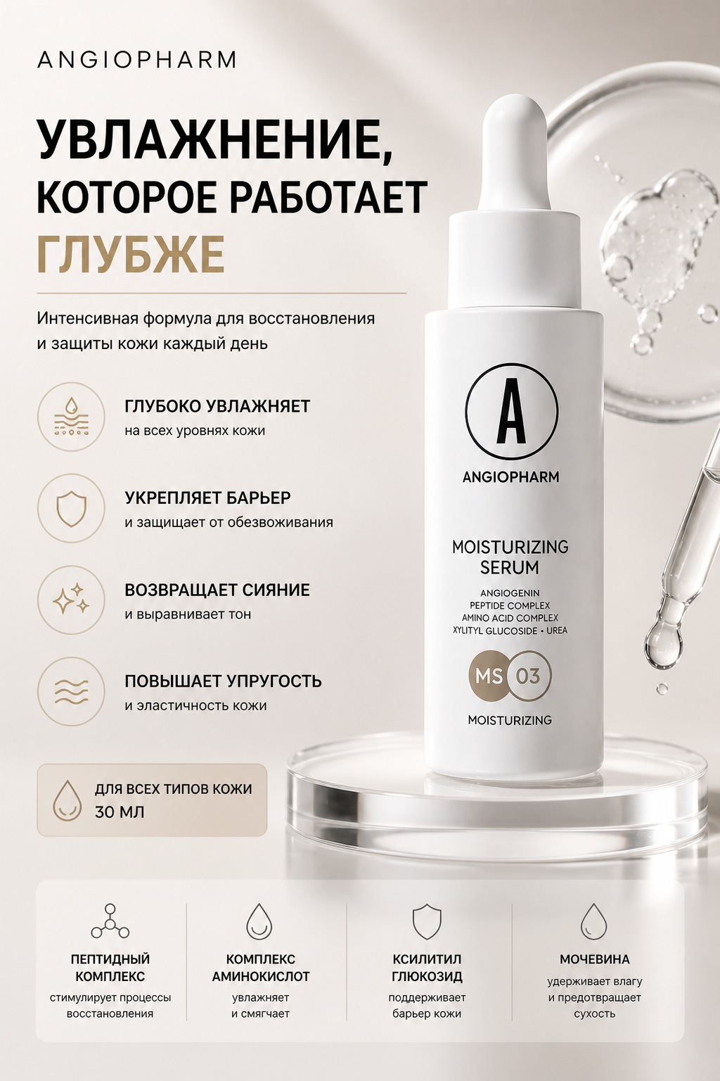 Сыворотка увлажняющая Angiopharm, для лица, шеи, декольте, 30 мл