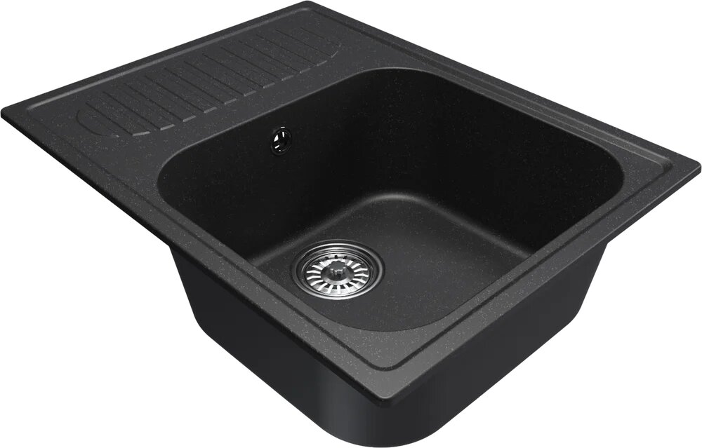 Мойка кухонная Mixline ML-GM18 мраморная, 64x49, прямоугольная, мойка для кухни, с крылом, черная, матовая