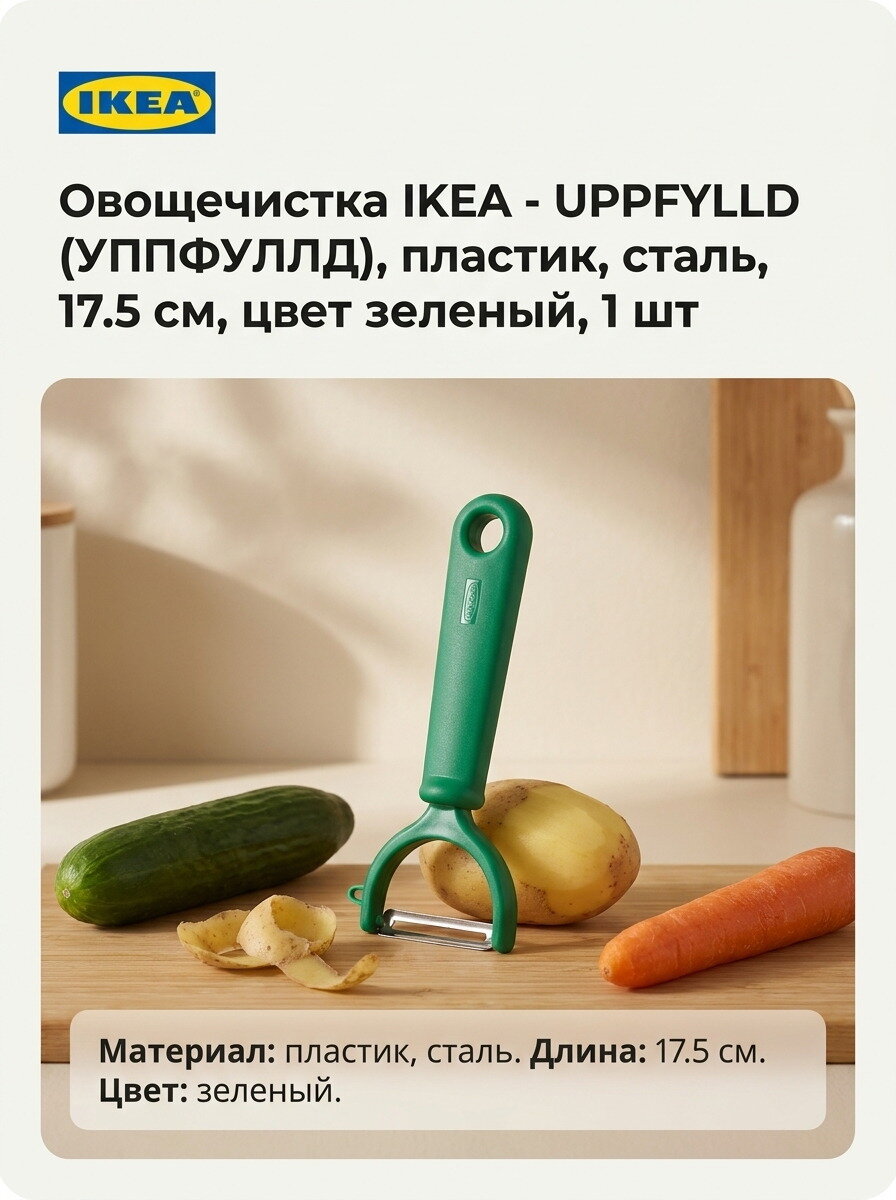 Овощечистка IKEA - UPPFYLLD (уппфуллд), пластик, сталь, 17.5 см, цвет зеленый, 1 шт
