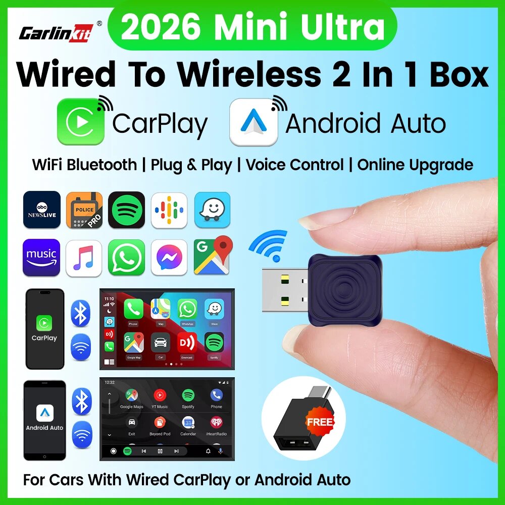 Беспроводной адаптер CarlinKit 5.0 Mini Ultra Wireless Android Auto и CarPlay USB-ключ для обновления автомобиля Wi-Fi Bluetooth Auto Connect