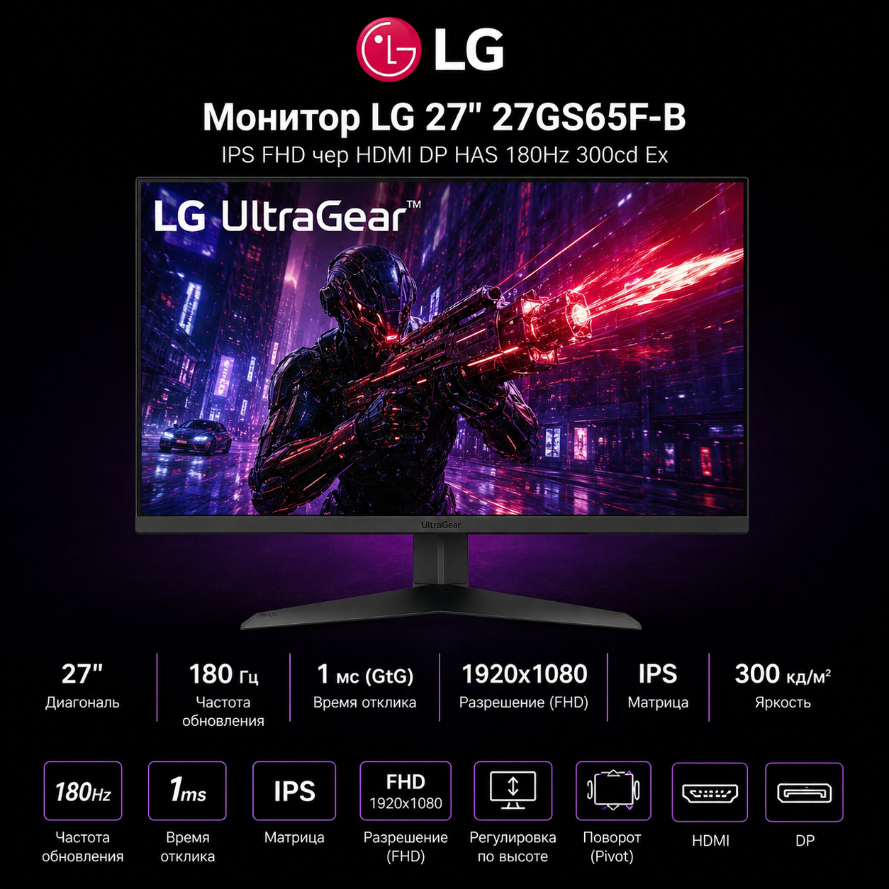 Монитор LG 27" 27GS65F-B IPS FHD чер HDMI DP HAS 180Hz 300cd Ex