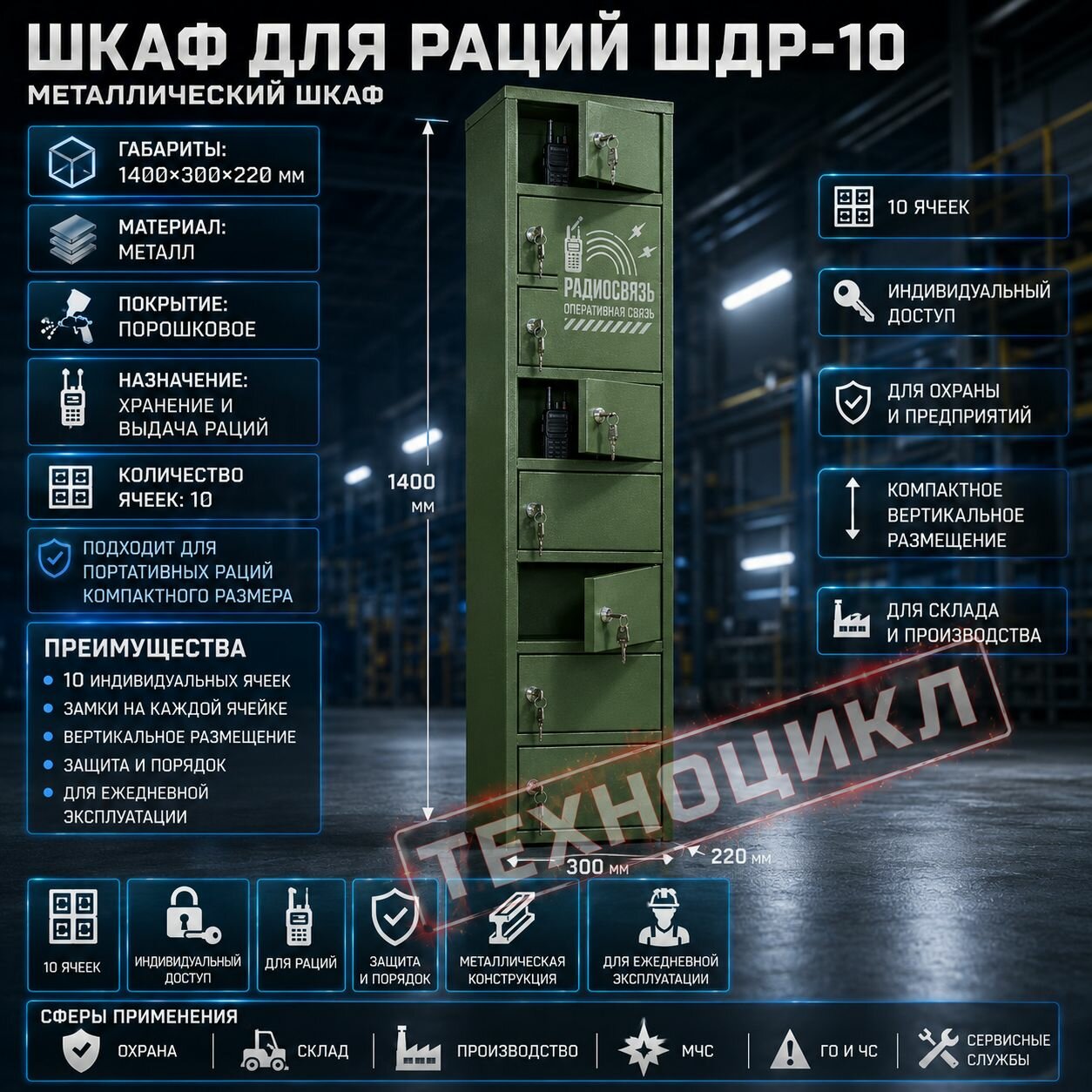 Шкаф для раций техноцикл ШДР-10, 10 ячеек, металлический, с замками, зеленый, 1400х300х220 мм