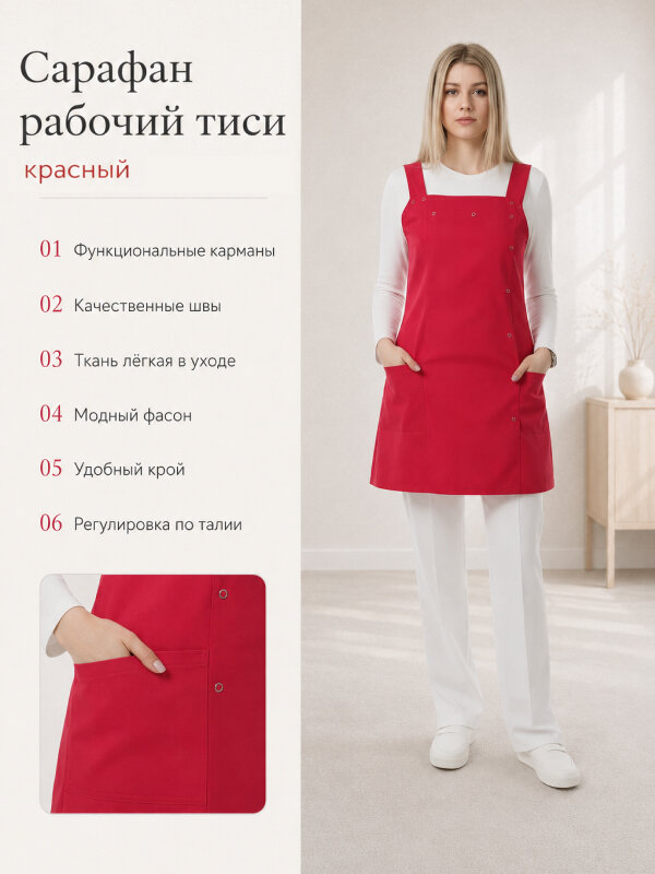 Сарафан рабочий тиси (35% хлопок, 65% полиэстер), красный, размер 48