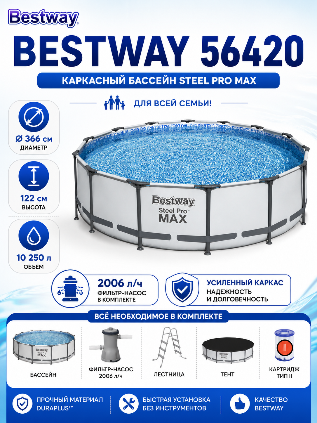 Каркасный бассейн круглый BestWay, 366х122см, фильтр-насос картр 2006 л/ч, лестница, тент