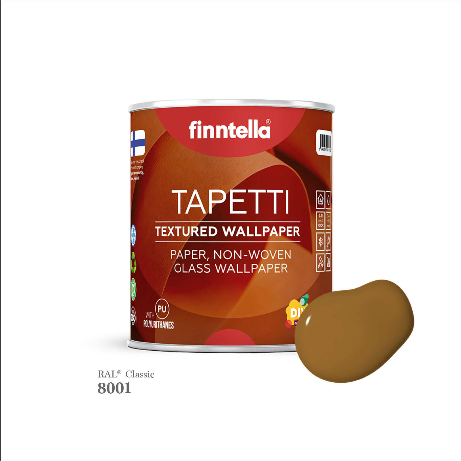 Шелковисто-матовая краска для обоев под окраску TAPETTI SILKKI Matta FINNTELLA, Цвет RAL 8001 Охра коричневая (Ochre brown), 0,9л