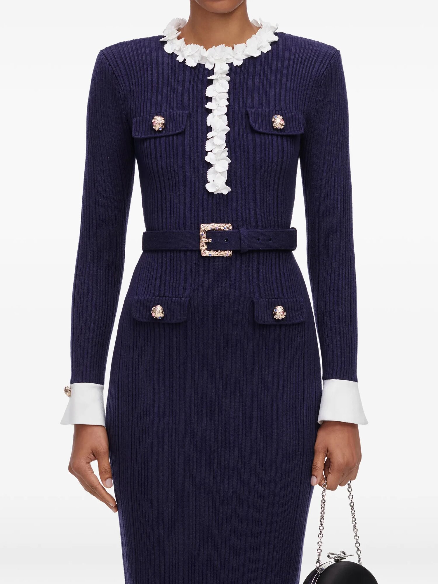 Платье Navy flower rib-knit midi dress