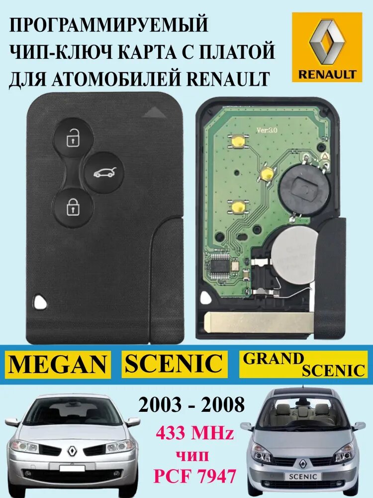 Смарт ключ карта Renault меган 2 для программирования сценик 2; электронный чип ключ рено с платой для зажигания с тремя кнопками