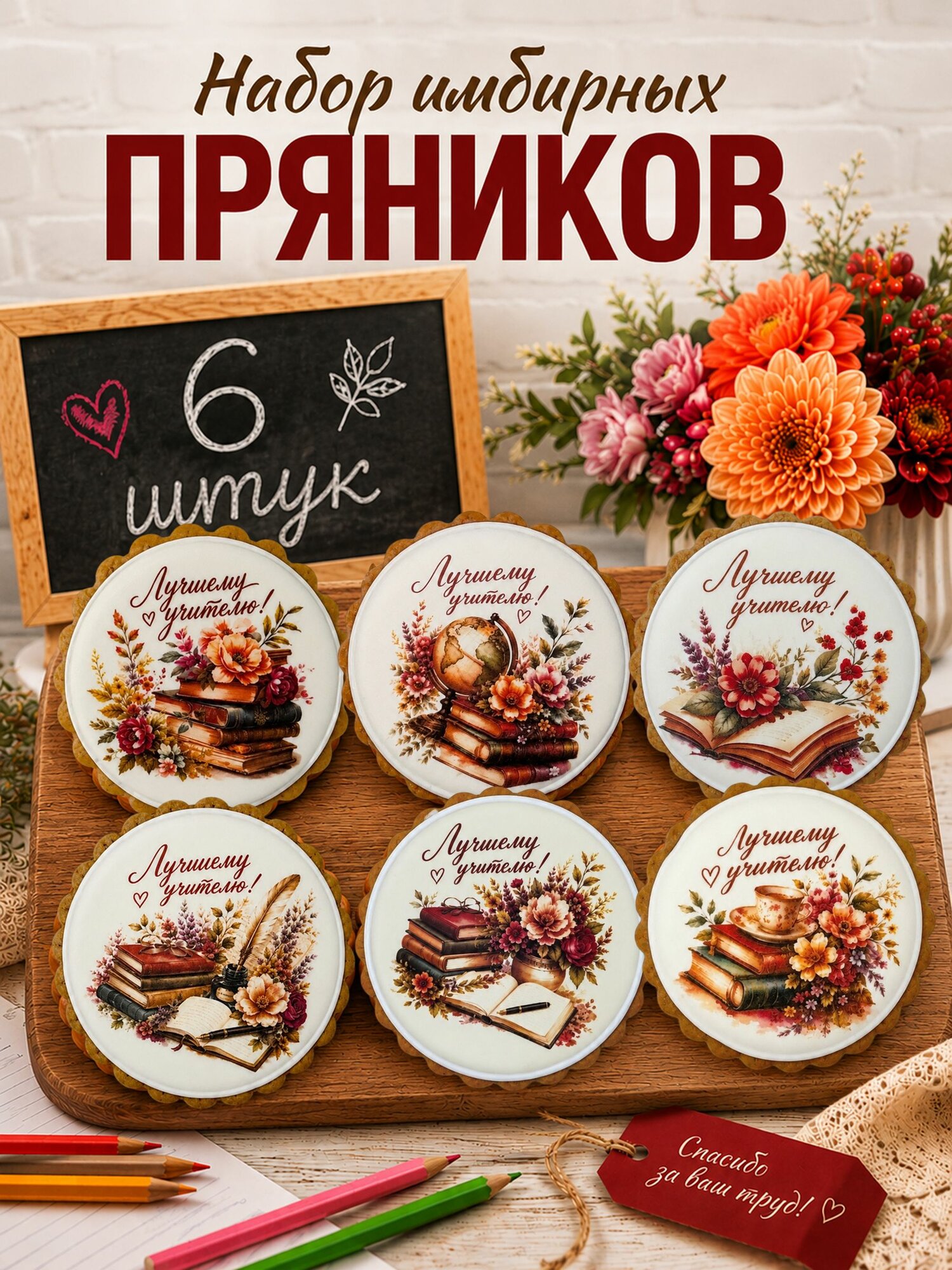 Пряники имбирные в школу для учителя в индивидуальной упаковке, 6шт