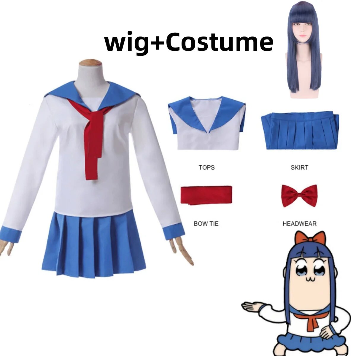 Pop Team Epic Pipimi Popuko Косплей костюм Синий, L, suit wig A