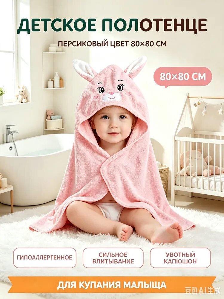 Полотенце детское 80x81 см, махровая ткань, розовый, 1 шт