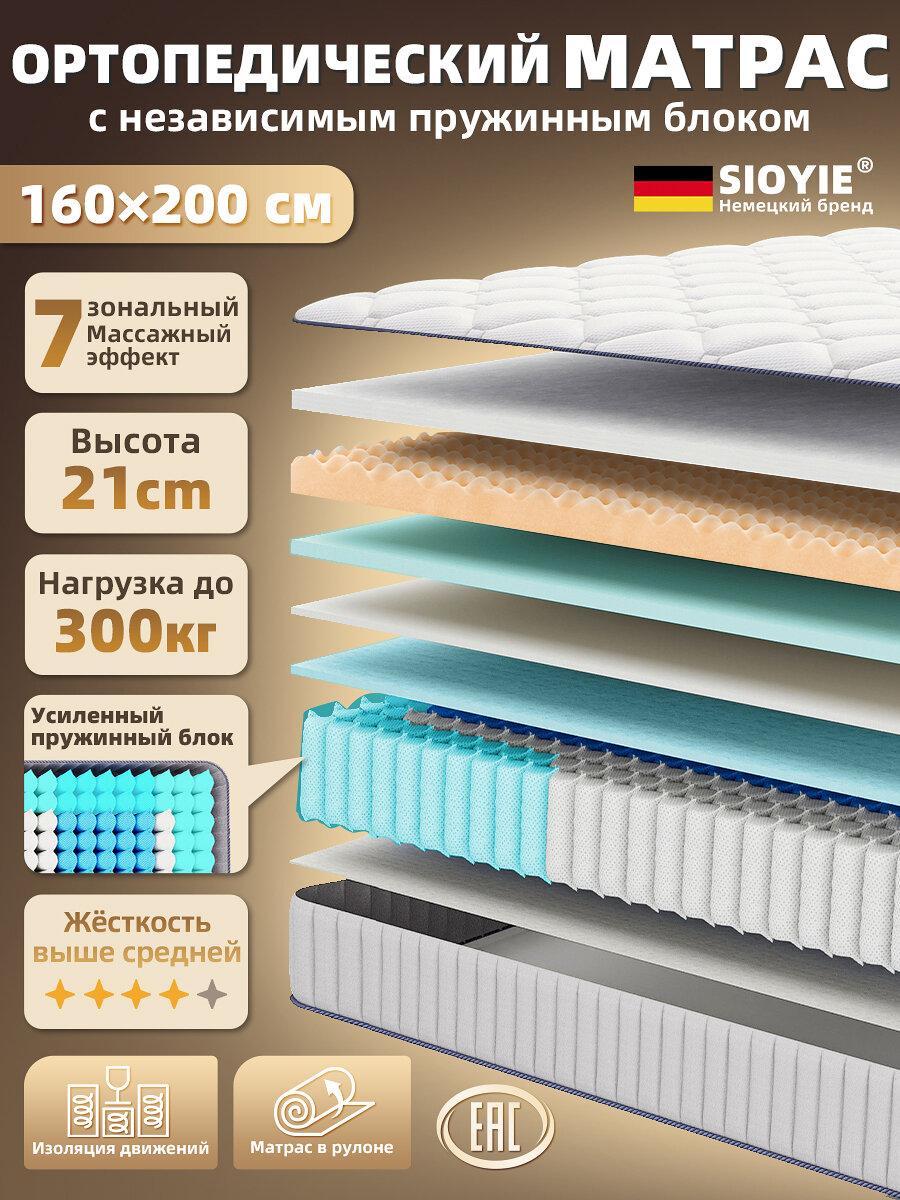 Матрас SIOYIE 160х200 см, пружинный ортопедический, с независимыми пружинами