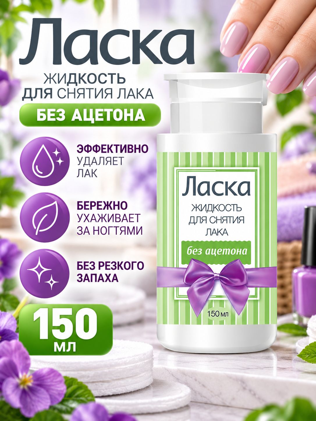 Ласка Жидкость для снятия лака без ацетона с помпой 150 мл