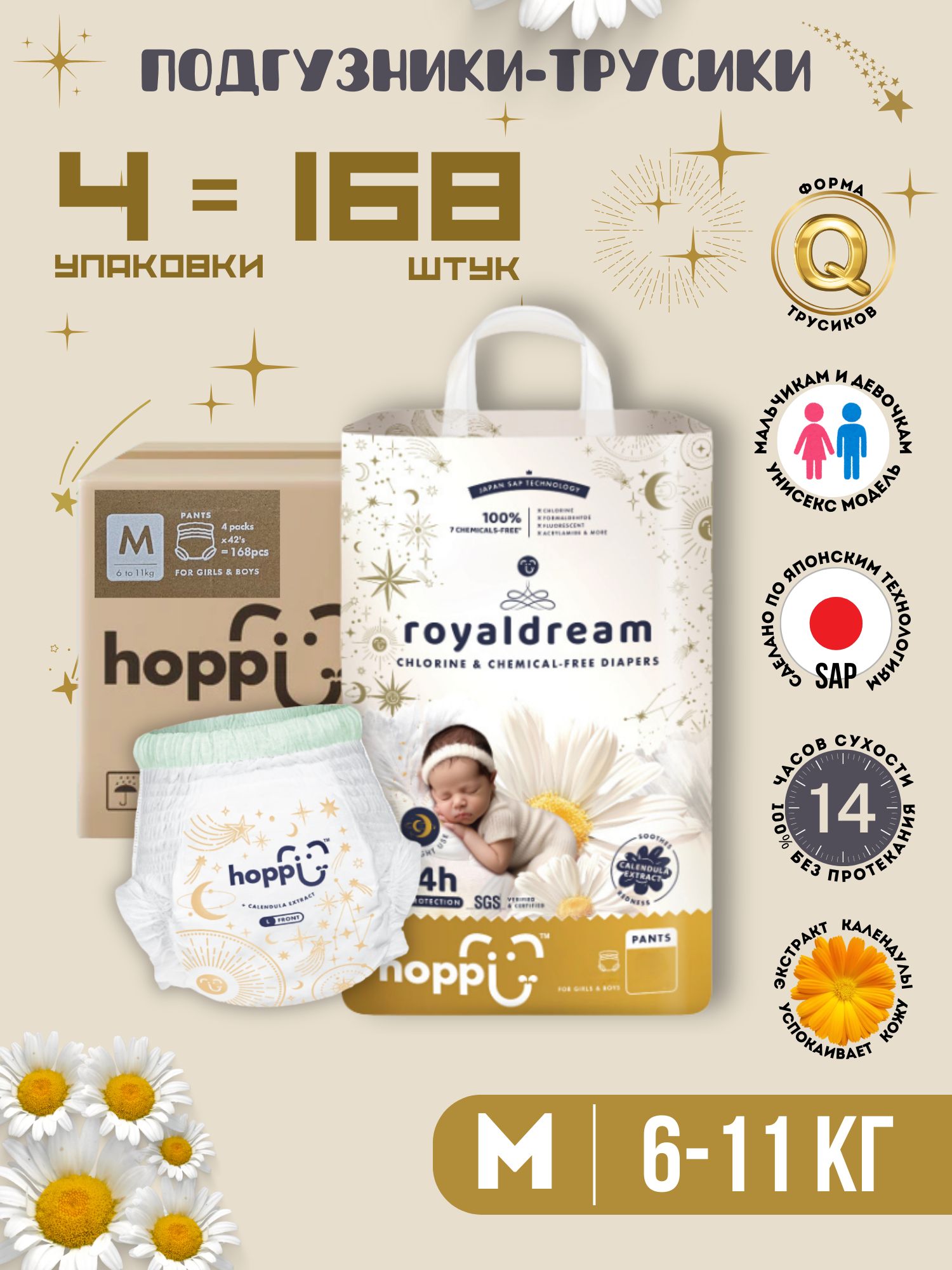 Подгузники трусики Hoppi RoyalDream, размер M 6-11 кг, 168 шт.