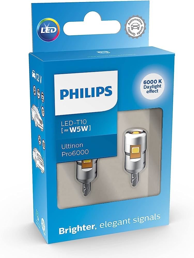 Philips Лампа автомобильная T10/W5W, 2 шт. арт. Ultinon Pro6000 LED T20 W21W WY21W W21/5W S25 P21/5W 12B