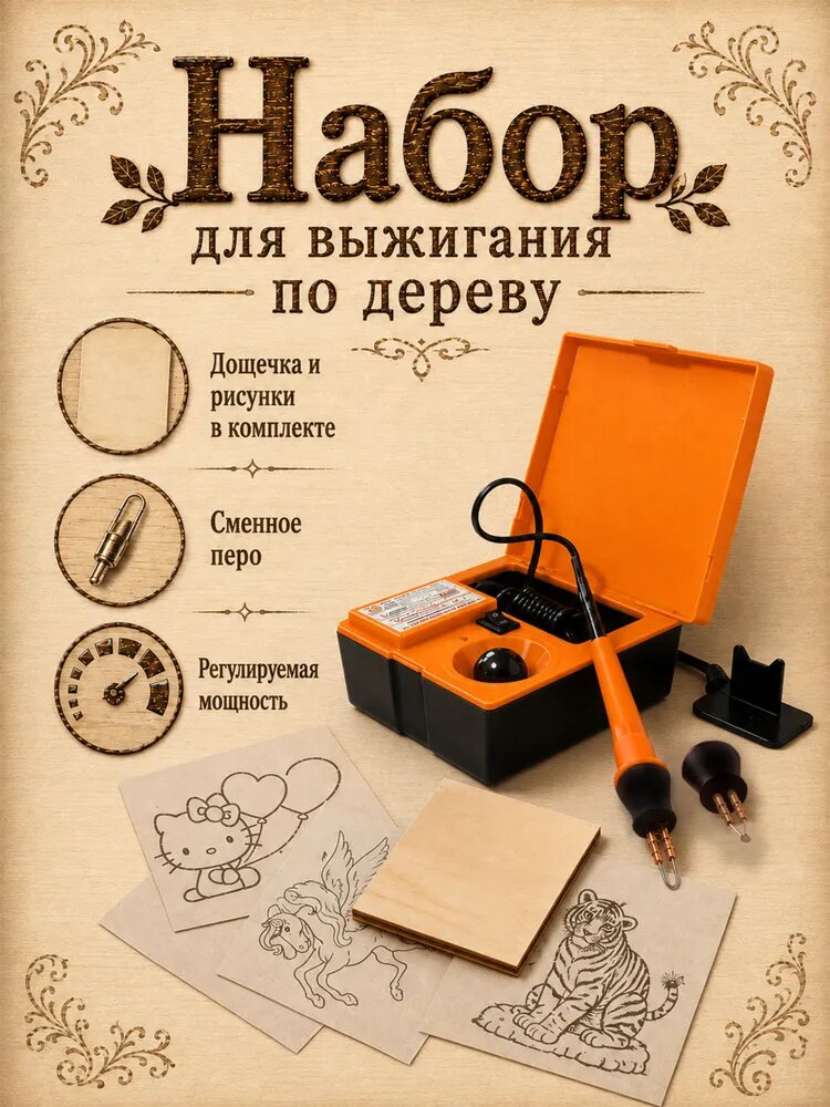 Набор для выжигания по дереву Дымок: электровыжигатель, сменная игла, подставка, дощечка, рисунки, калька