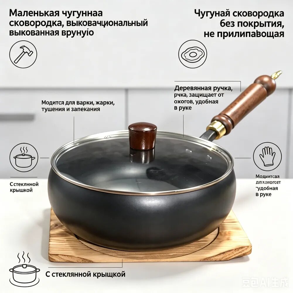 Вок 24 см с крышкой со съемной ручкой 1 шт чугун антипригарное покрытие