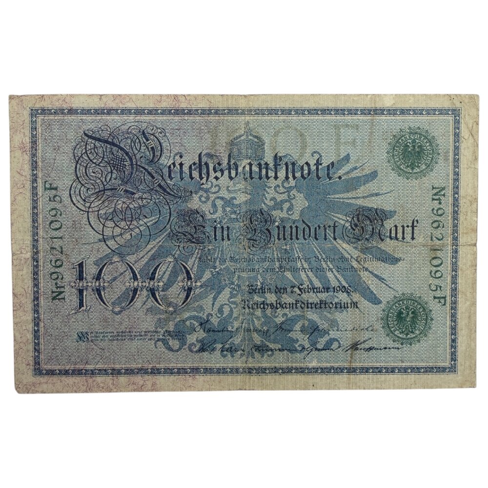 Германская империя (Германия) 100 марок 1908 г. (Зелёные печати) (Литера E) (Серия F)