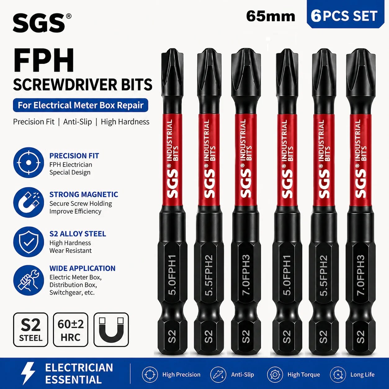 Магнитные отверточные биты SGS из стали S2 65 мм 6Pcs
