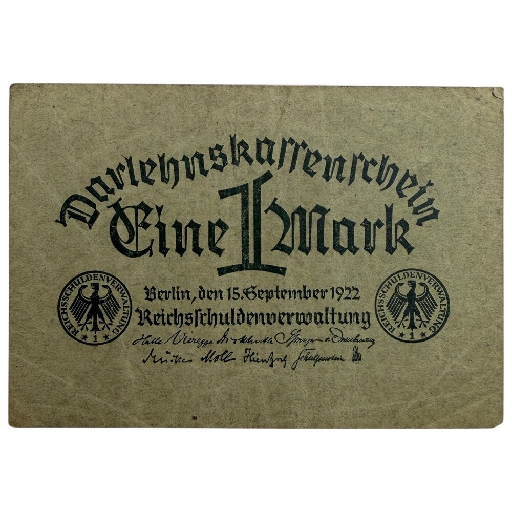 Веймарская республика (Германия) 1 марка 1922 г. (Зелёная бумага, зелёная печать)