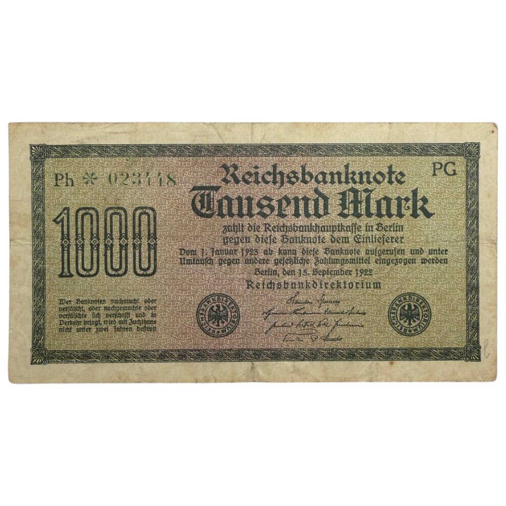 Веймарская республика (Германия) 1000 марок 1922 г. (ВЗ - Решётка, G) (Литера PG) (Серия Ph*)