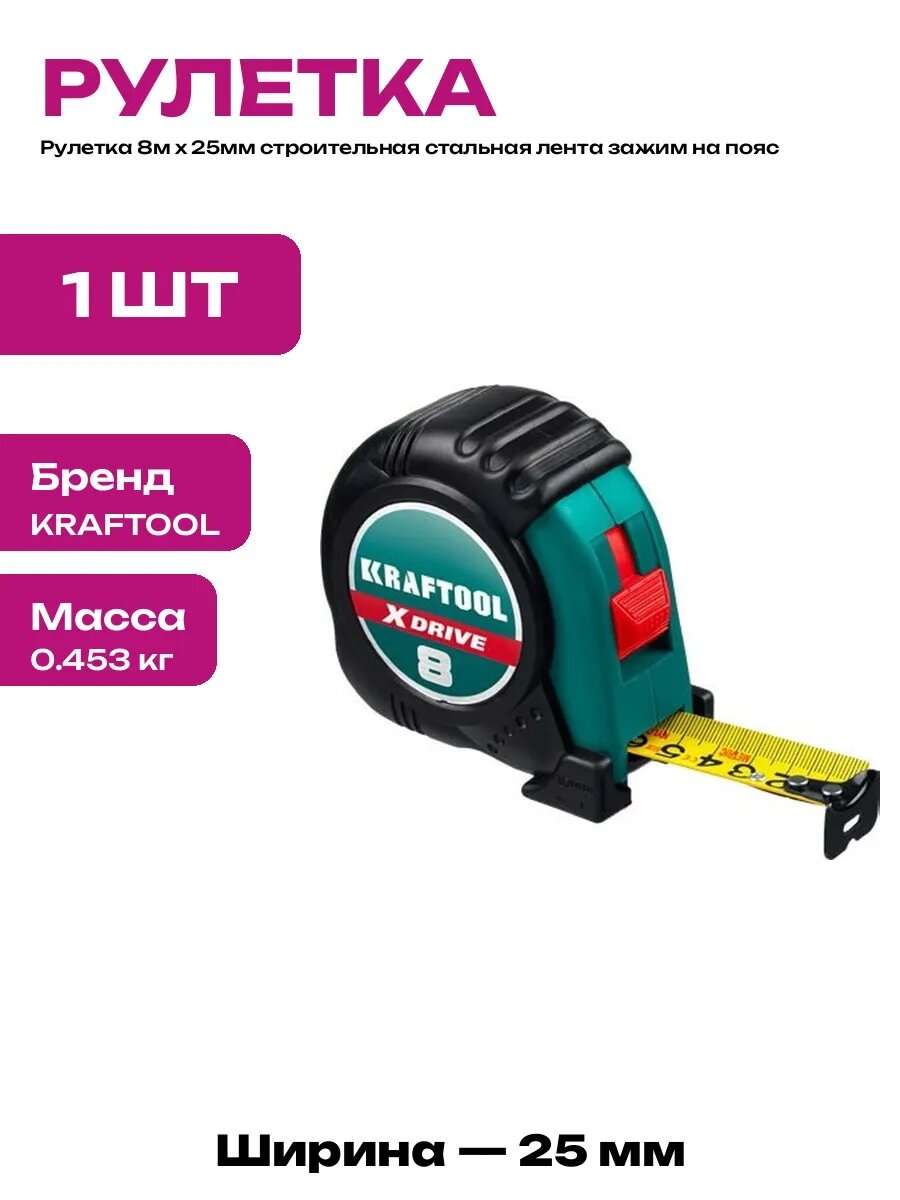 Строительная рулетка 8 метров стальная обрезиненная 25мм
