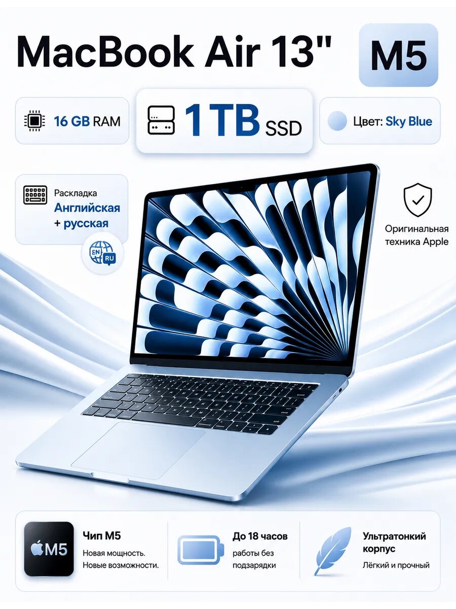 Ноутбук Apple MacBook Air 13 2026 M5 16GB/1TB MDHJ4 Sky Blue (Голубое небо)
