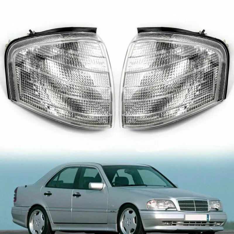 Пара передних угловых фонарей для Mercedes-Benz "C-Class" W202 1994-2000, указатели поворота, прозрачный рассеиватель, номера 2028261143/2028261243.