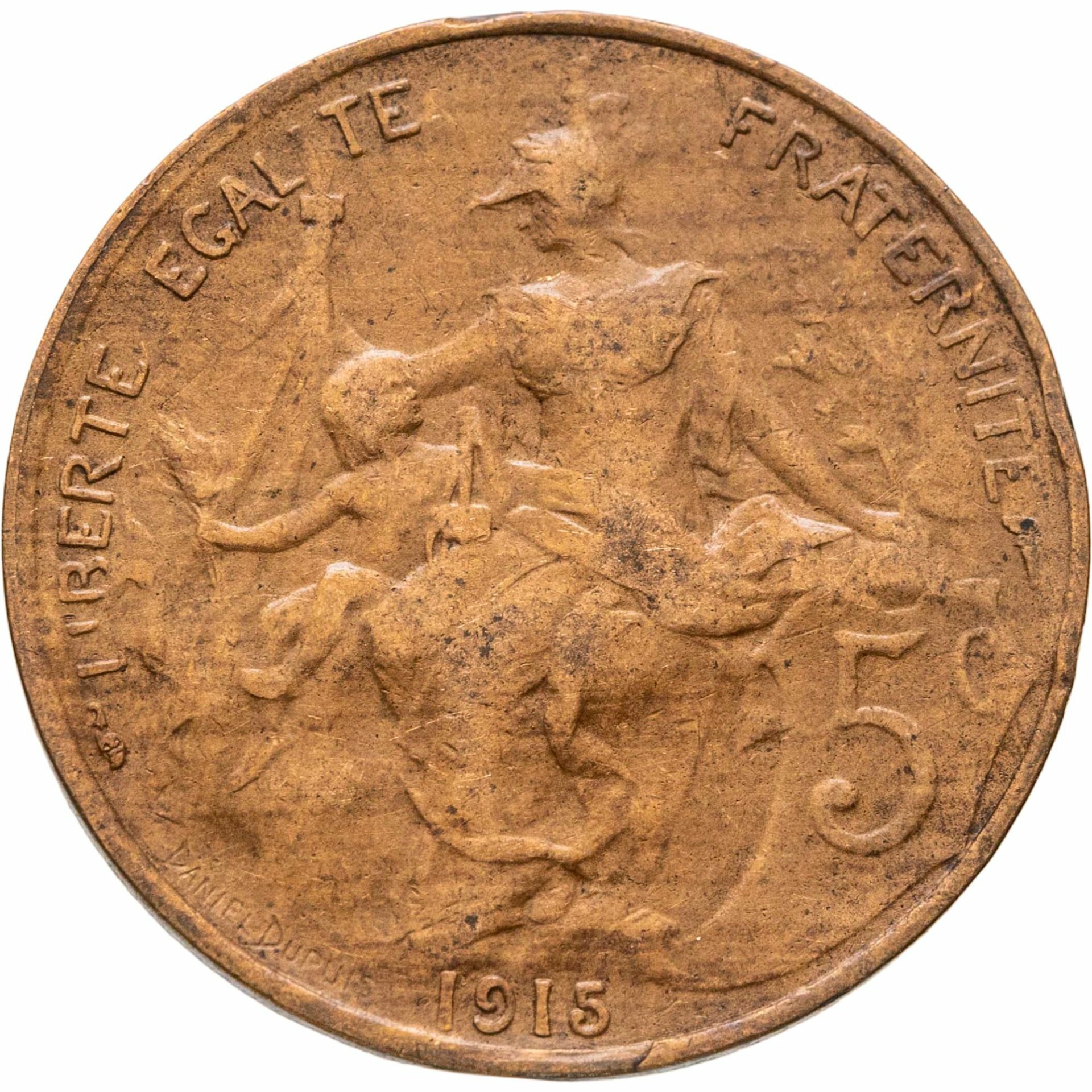 Франция 5 сантимов centimes 1915, Бронза, в сохранности VF-XF