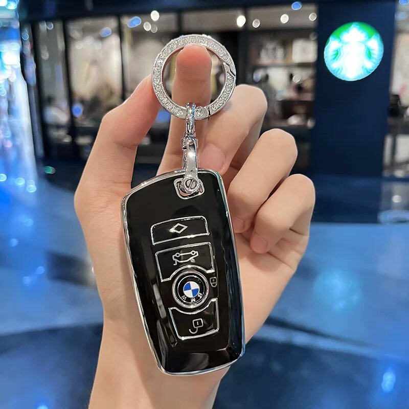 Черный ключевой чехол с бриллиантами и логотипом BMW с круглым кольцом для моделей BMW 5 Series 520 523 528 218i 116i