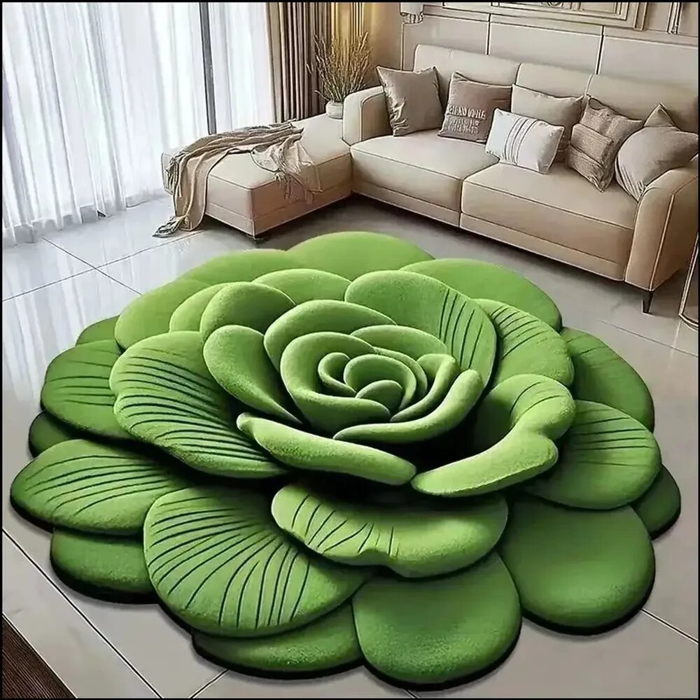 Ковер круглый 80x80 см с 3D-эффектом из искусственной шерсти, стиль Ар-деко, зеленый, основа из искусственного шенилла, Китай — фото 1