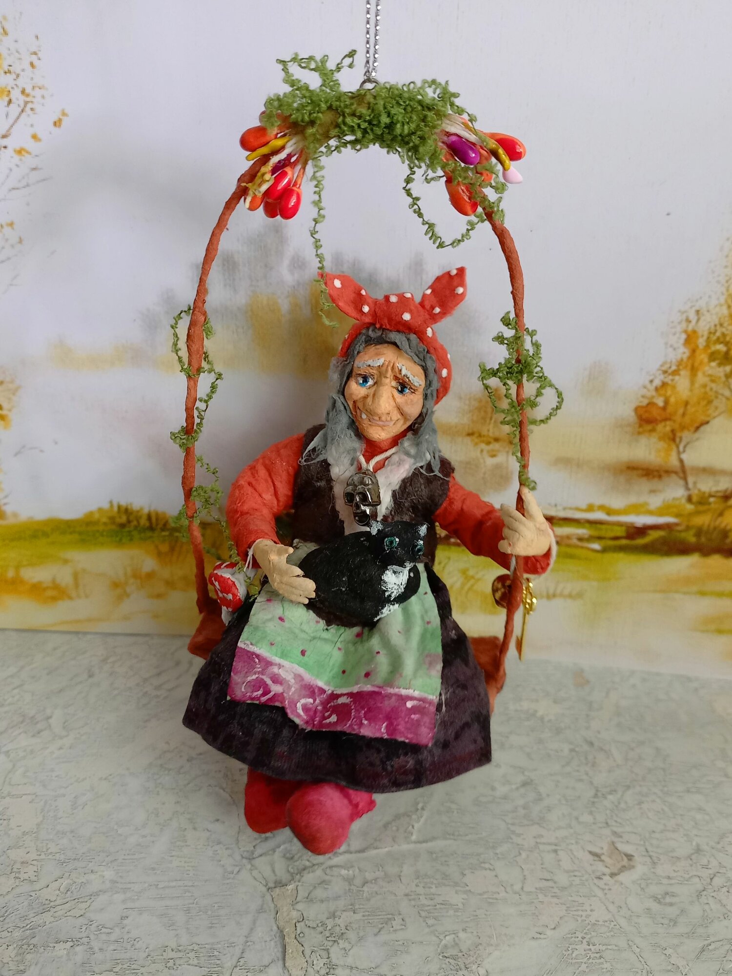 Ватная игрушка "Бабуля на качелях"