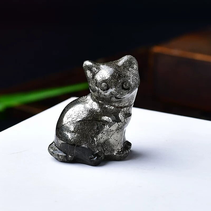 Ручная работа кошачья фигурка из пирита, декор для стола в доме и офисе, натуральный кристалл
