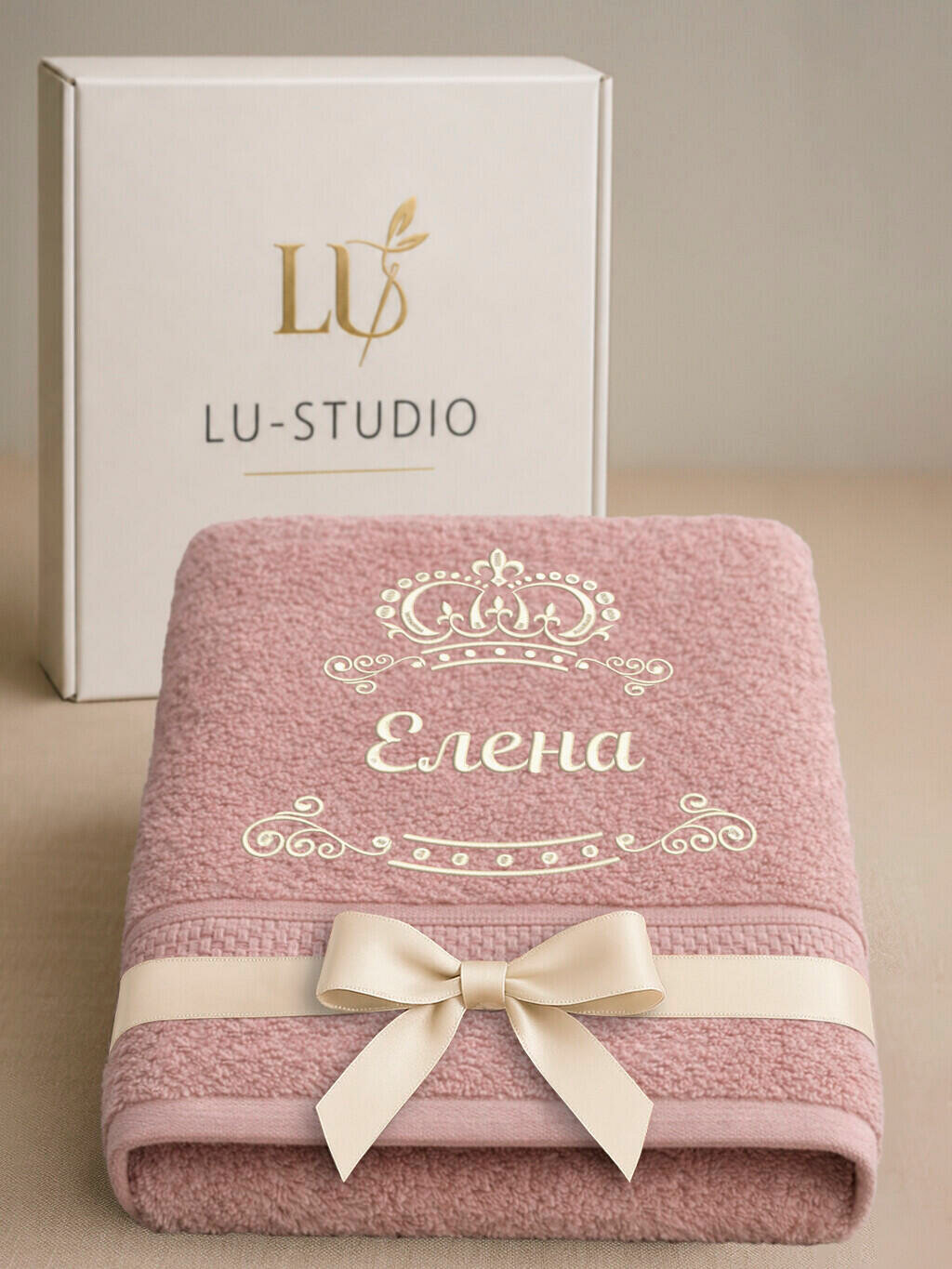 Полотенце Елена 70х140 подарок именная вышивка с короной, LU-Studio, пудровый, 460 г/м², 100% хлопок